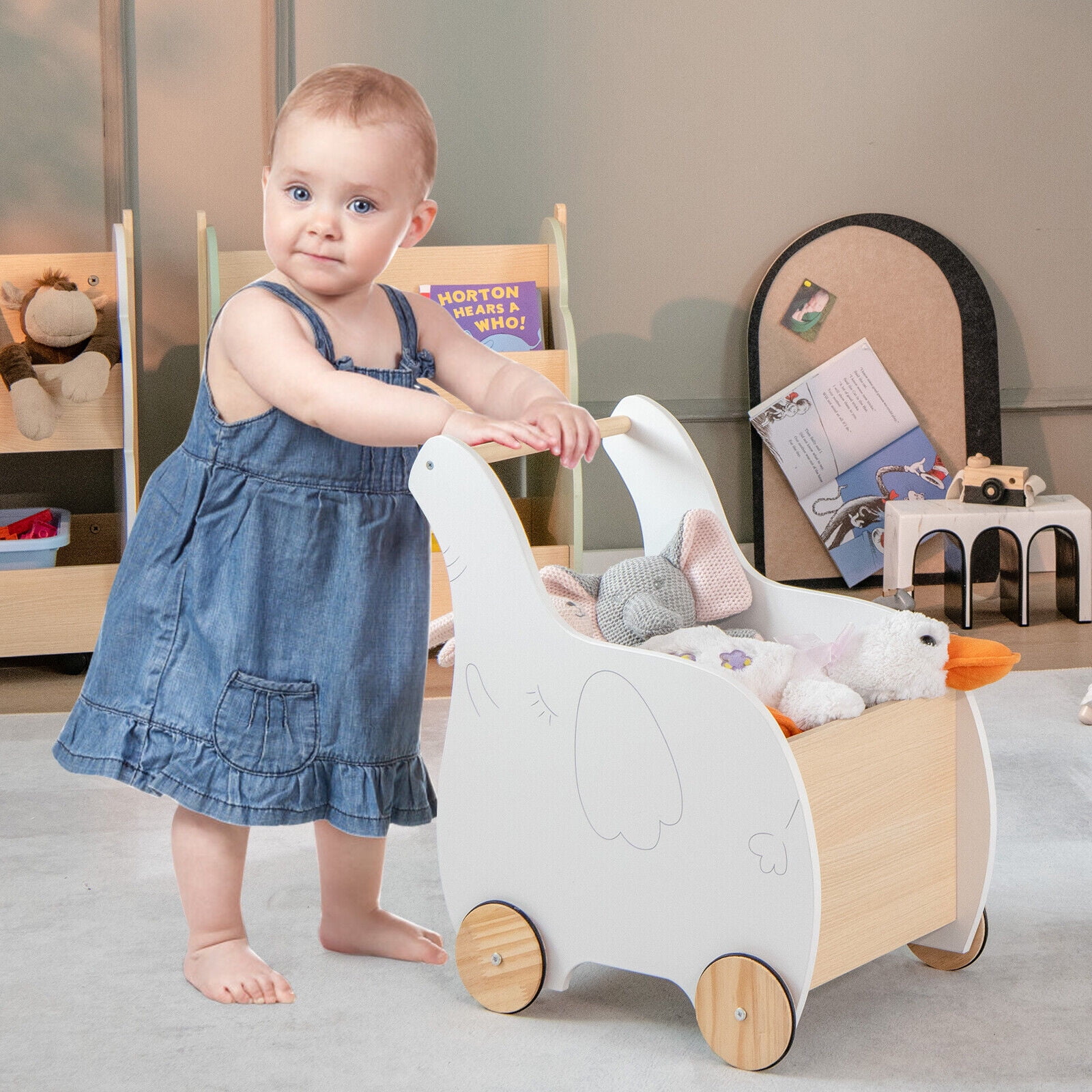 Verabella 2-in-1 Baby Learning Walker Toy Wagon Cart Wooden Strollers ...
