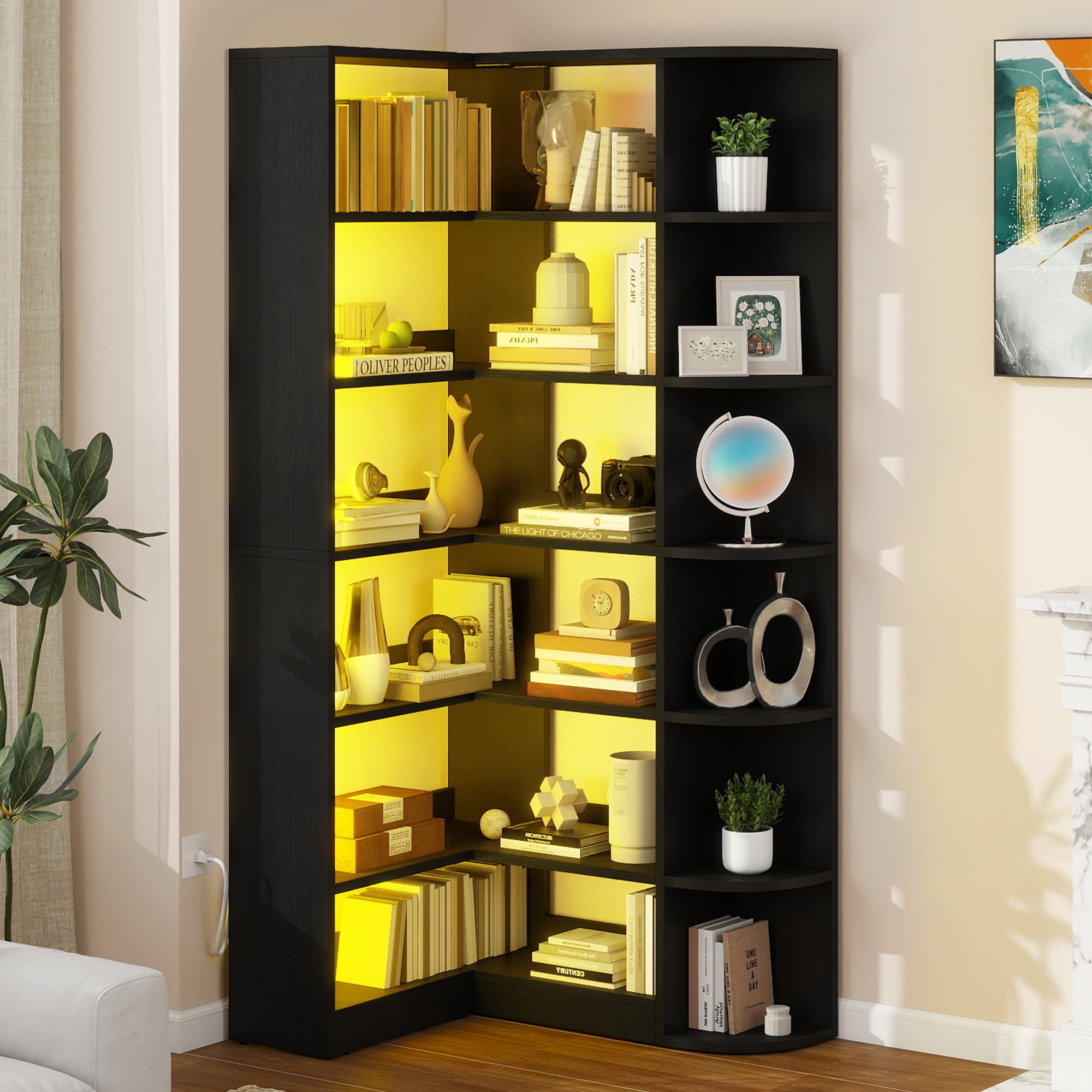 Verabella 6-Tier L-Shaped Corner Bookshelf with LED Light, Wood Finish ...
