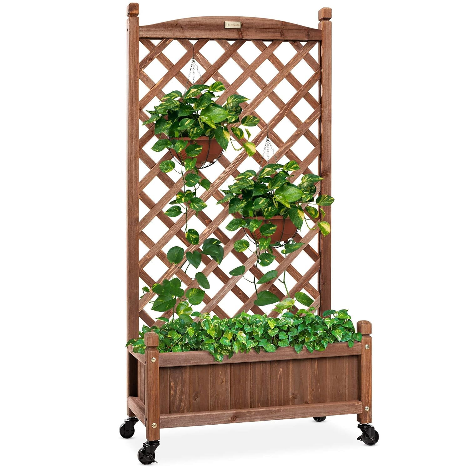 Verabella 60in Wood Planter Box & Diamond Lattice Trellis, Mobile Outdoor Raised Garden Bed for ...