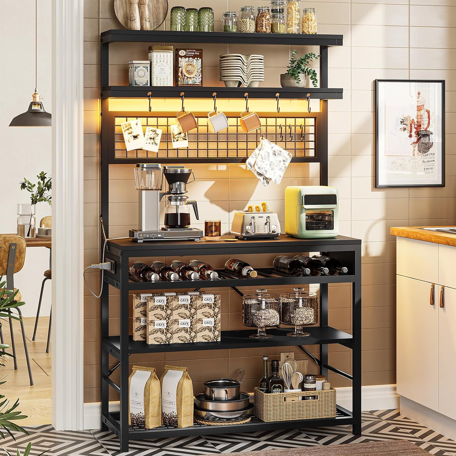 Verabella Bakers Rack with Power Outlet, 6-Tier Coffee Bar, Microwave ...