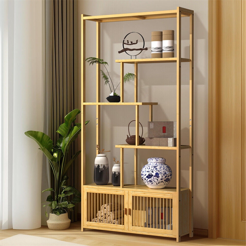 Verabella Bamboo 6-tier Storage Rack Blind Door Cabinet Staggered Shelf ...