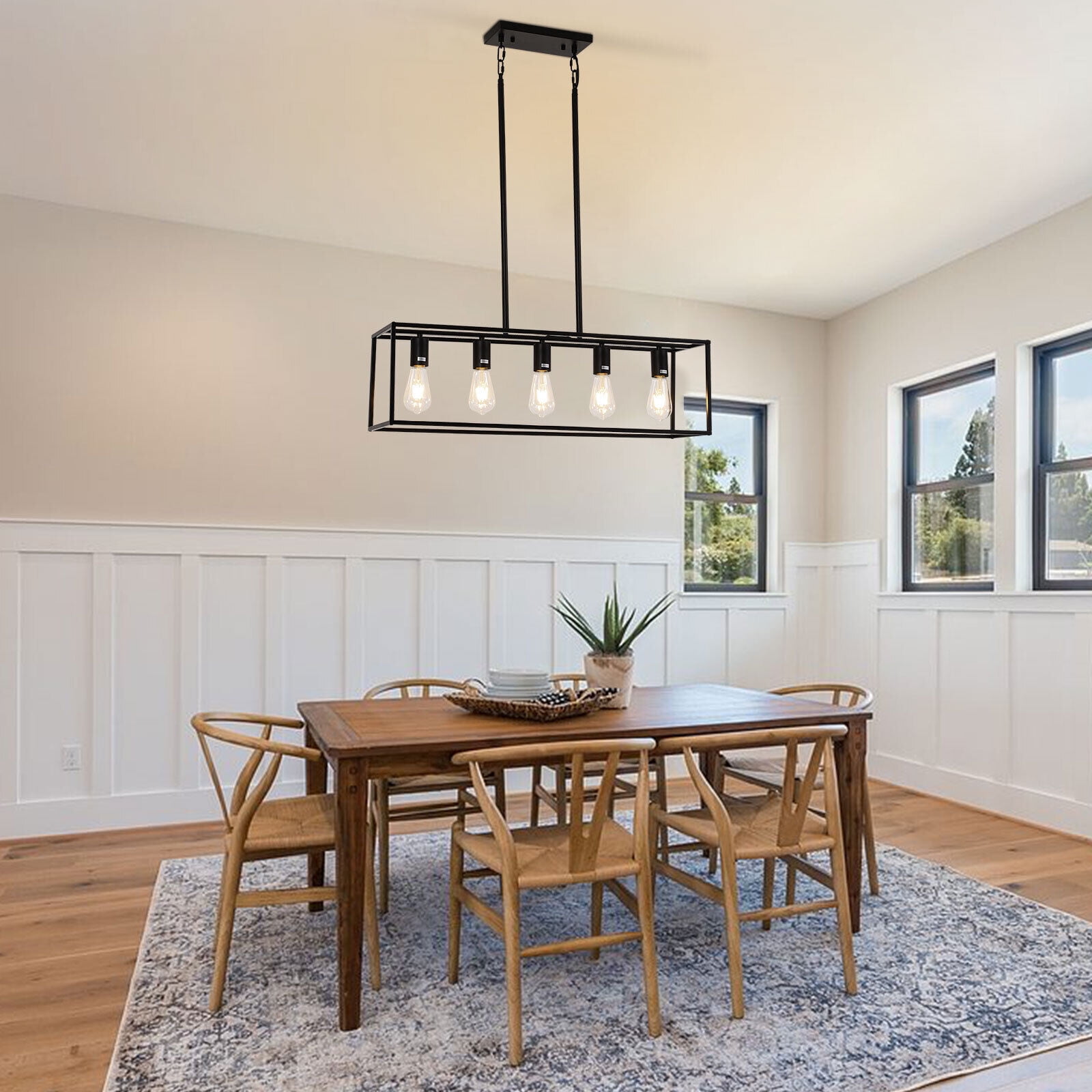 Verabella Black Farmhouse Kitchen Island Lighting, Modern Industrial Chandelier, 5-Light Linear ...