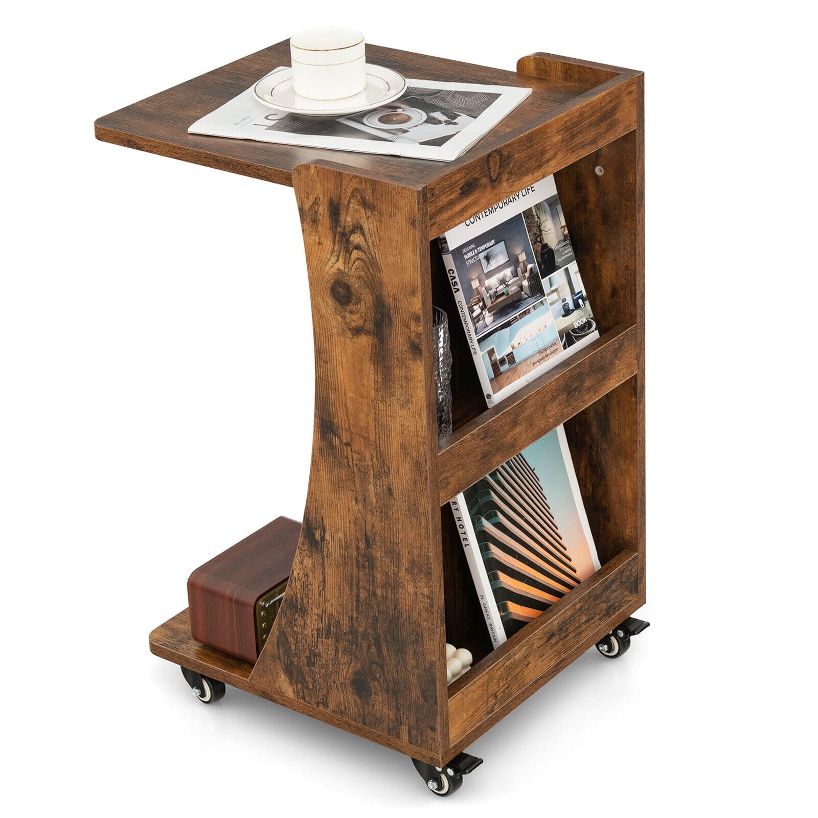 Verabella C Shaped End Table - Mobile 2-Tier Snack Side Table w/Back ...