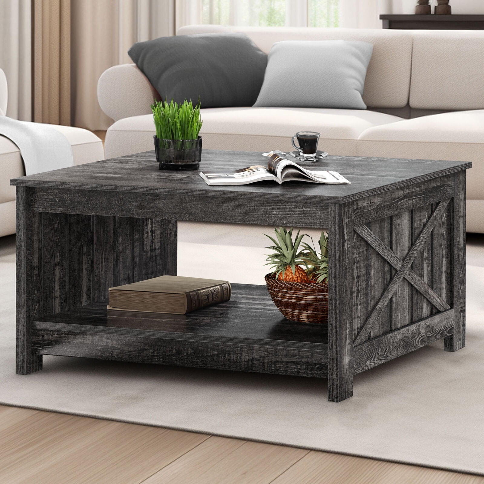 Verabella Coffee Table Farmhouse Coffee Table with Storage Rustic Wood ...