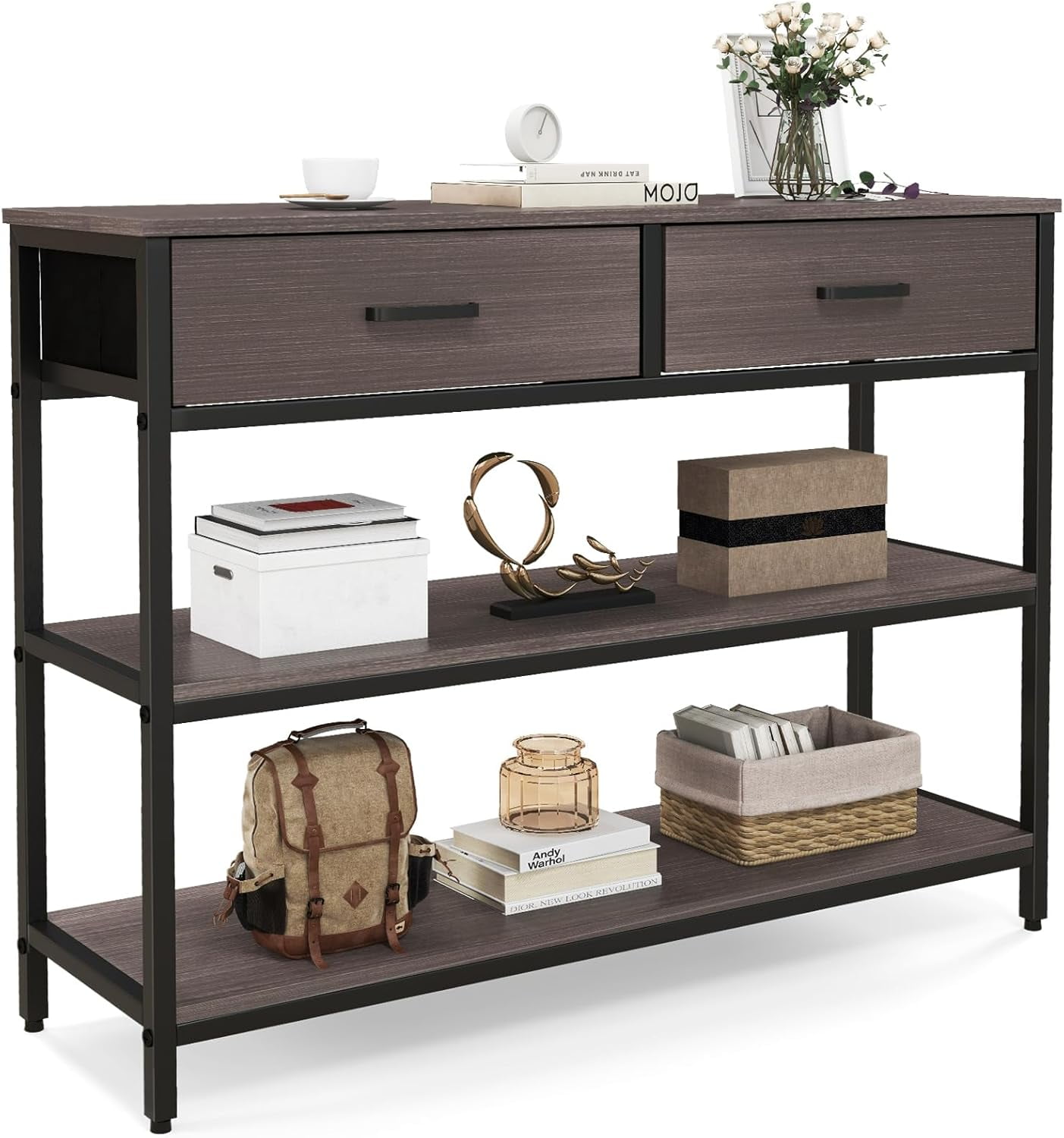 Verabella Console Table with 2 Folding Drawers, Narrow Sofa Table with Metal Frame, Couch Table ...