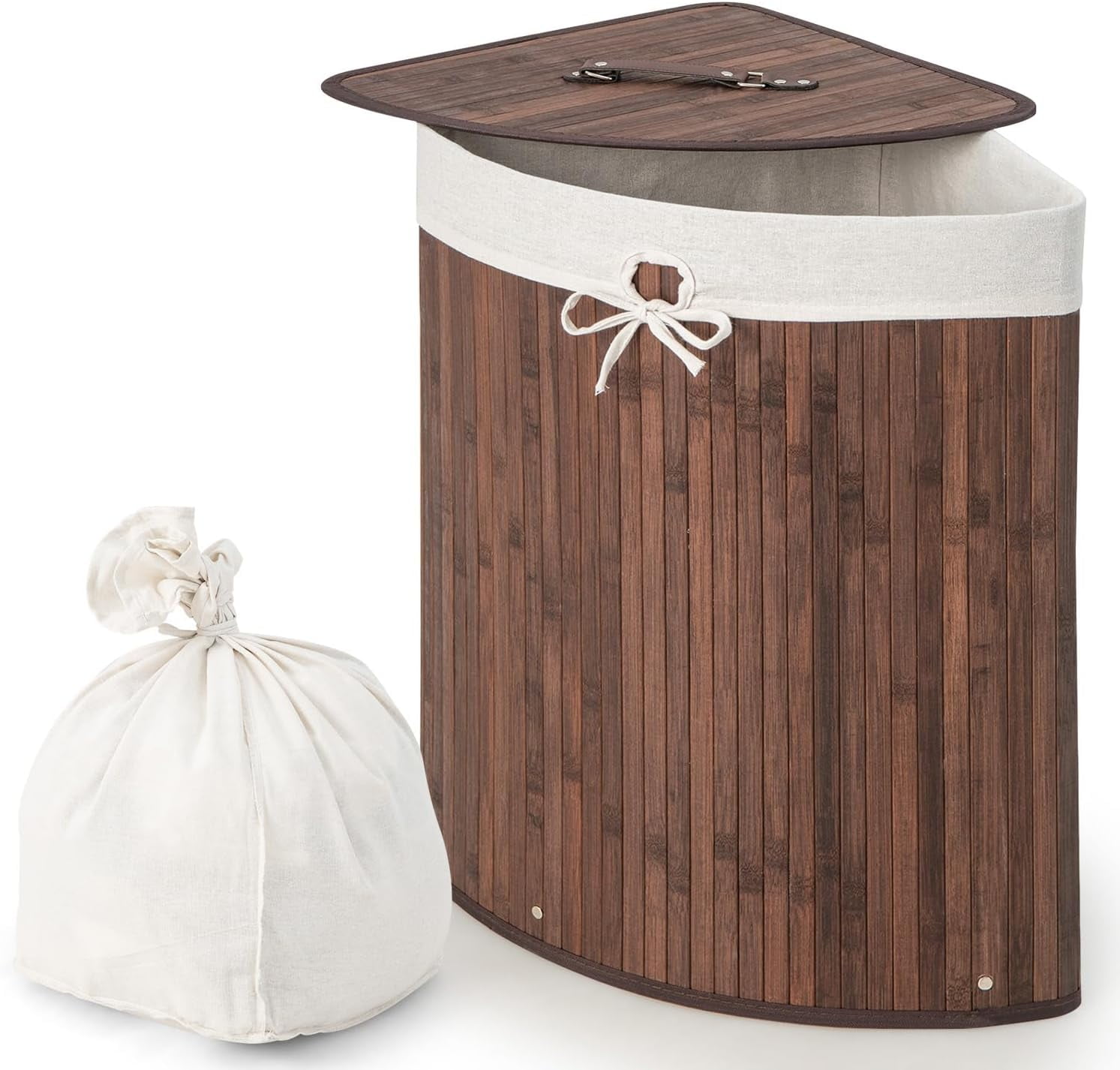 Verabella Corner Laundry Hamper with Lid, 58 L Bamboo Laundry Basket ...