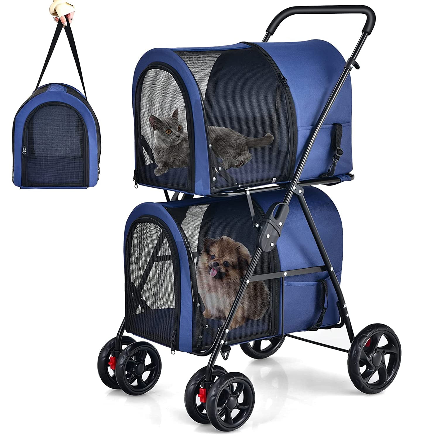 Verabella Double Pet Stroller with 2 Detachable Carrier Bags, Safety ...