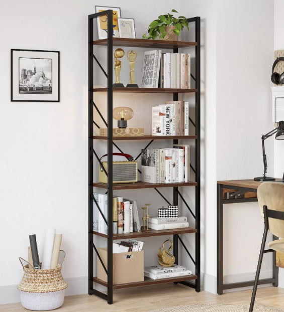 Verabella Industrial 6 Shelf Wood Bookcase Bookshelf Storage Display ...