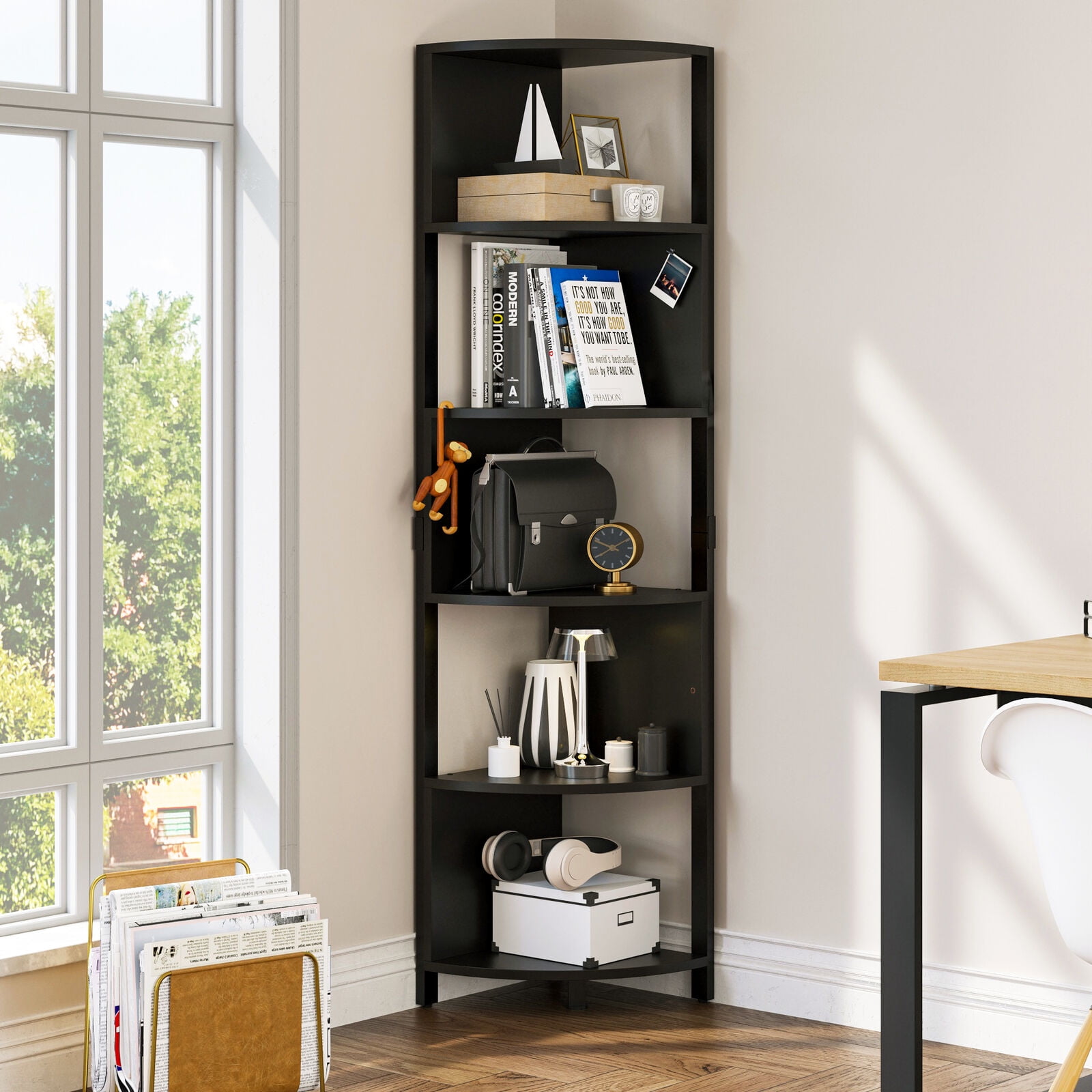 Verabella Industrial Corner Bookshelf Modern Bookcase Display Rack with ...