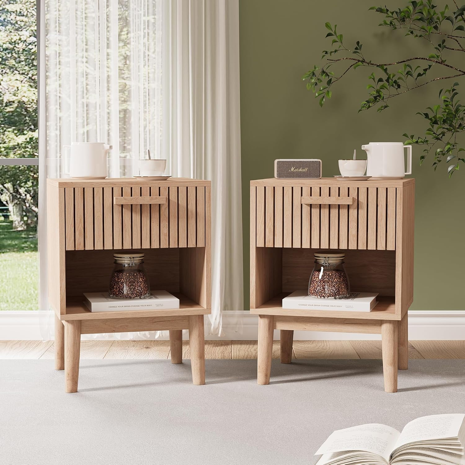 Verabella Night Stand with Storage,Boho Style Bedside Table for Bedroom,Natural Wooden Fluted ...