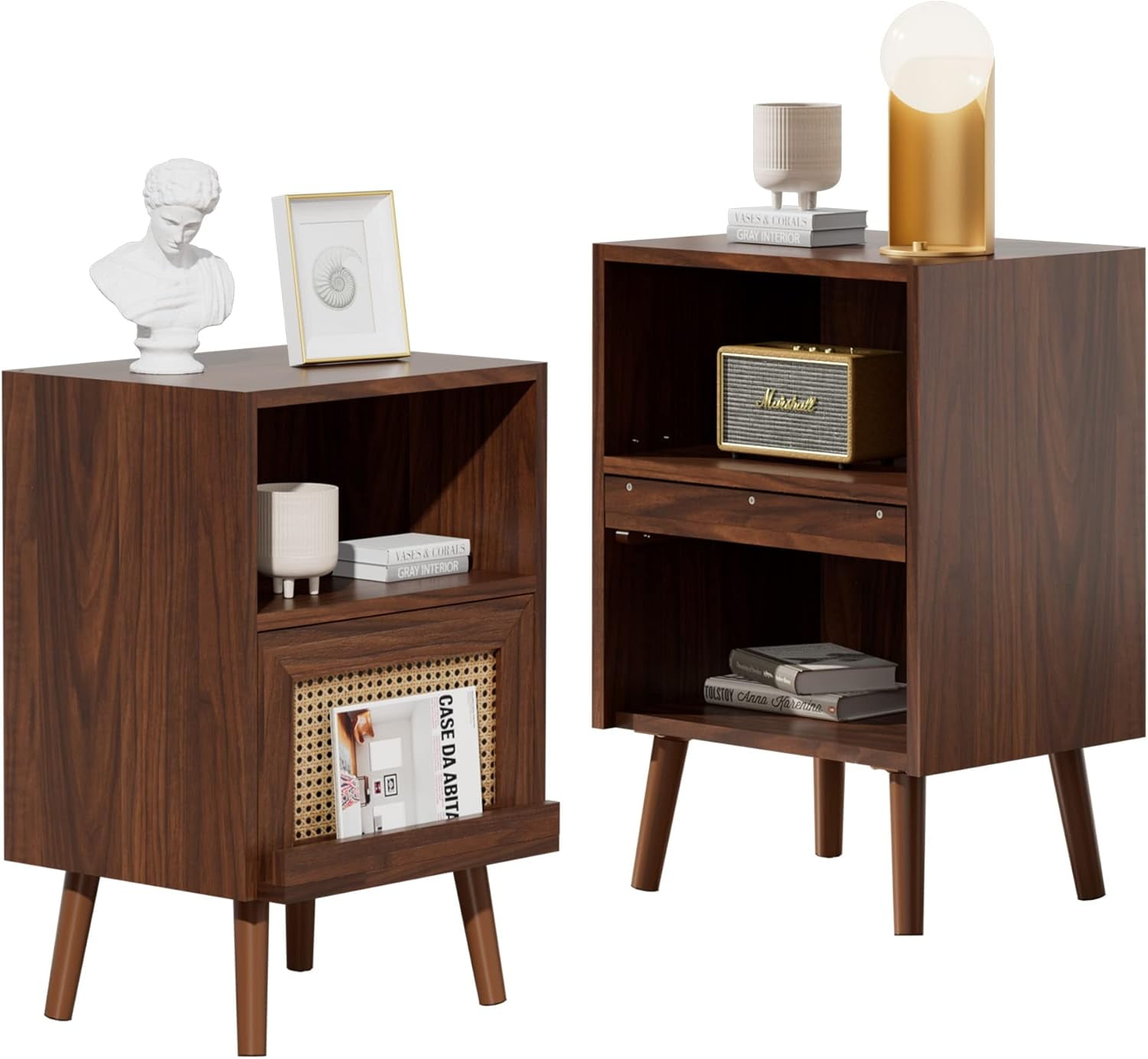 Verabella Rattan Nightstand Set of 2, Wooden End Side Table, Bedside Table with Door, Night ...