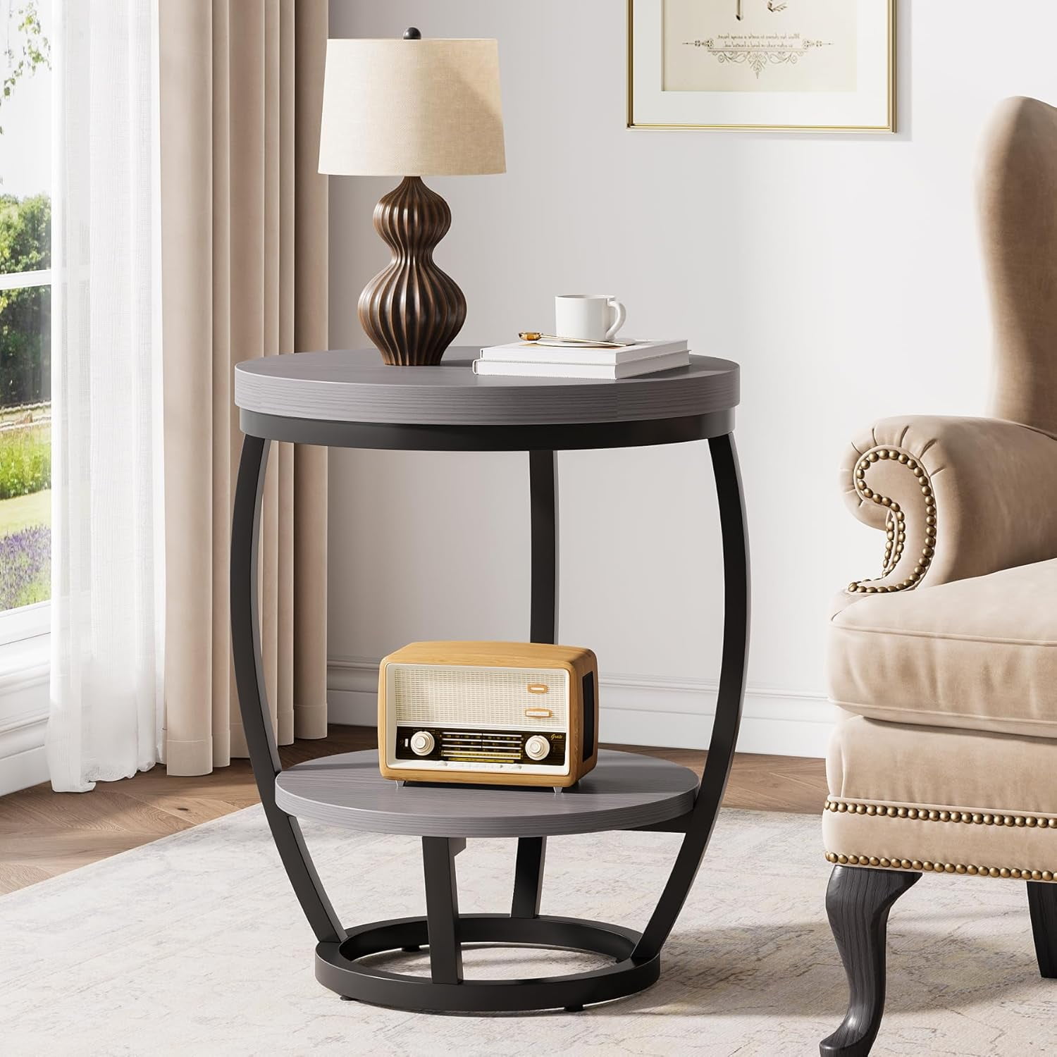 Verabella Round End Table, 2 Tier Industrial Side Table, Nightstand ...