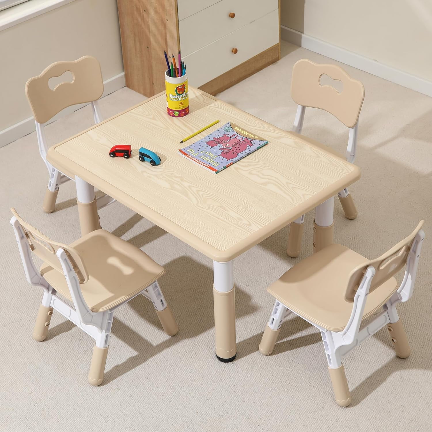 Verabella Table and Chairs, Kids Table and 4 Chairs Set with Graffiti Desktop, Height-Adjustable ...