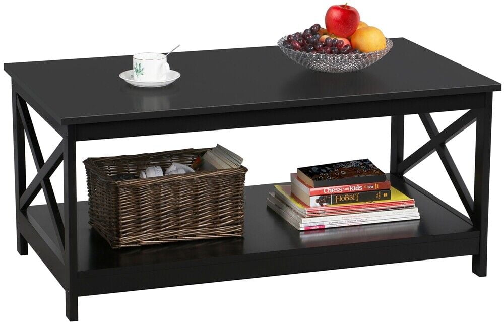 Verabella Wood 2-Tier Black Coffee Table with Storage Shelf for Living ...