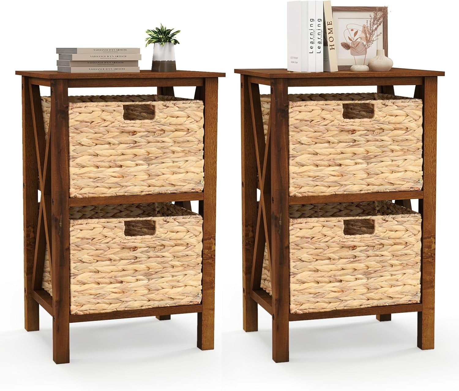 Verabella2-Tier Nightstand with 2 Wicker Baskets, Wooden X-Design Side ...