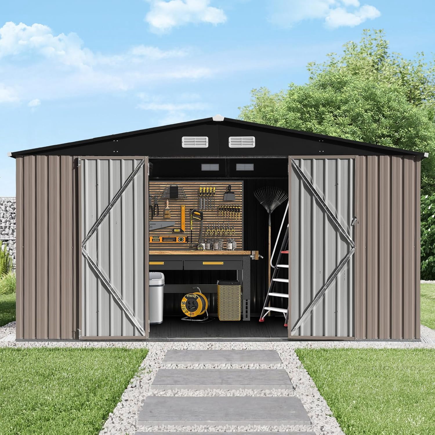 Verano Garden 12x10FT Outdoor Storage Shed, Large Galvanized Steel ...