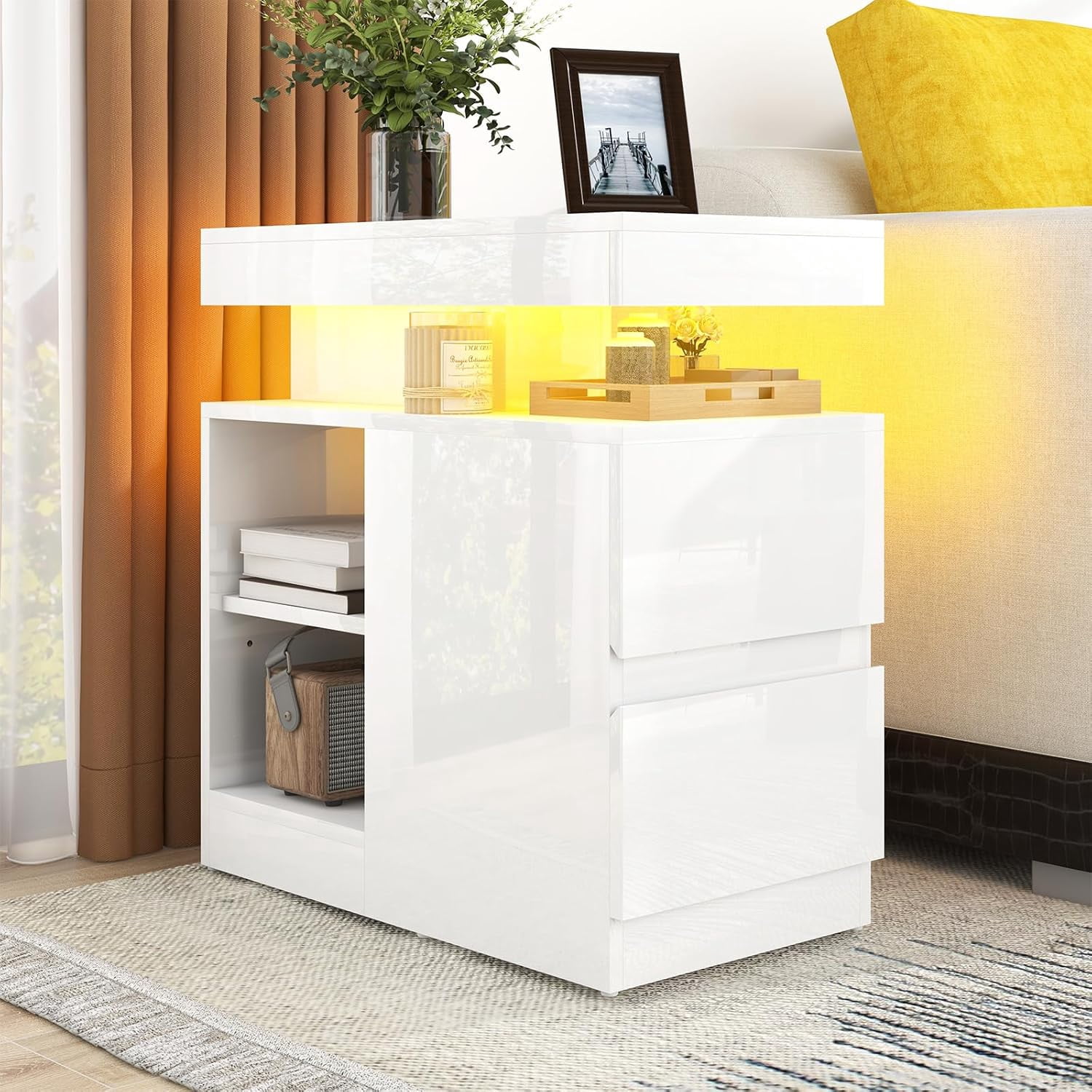 Verano Garden LED High Gloss End Table with Charging Station, Sofa Side ...