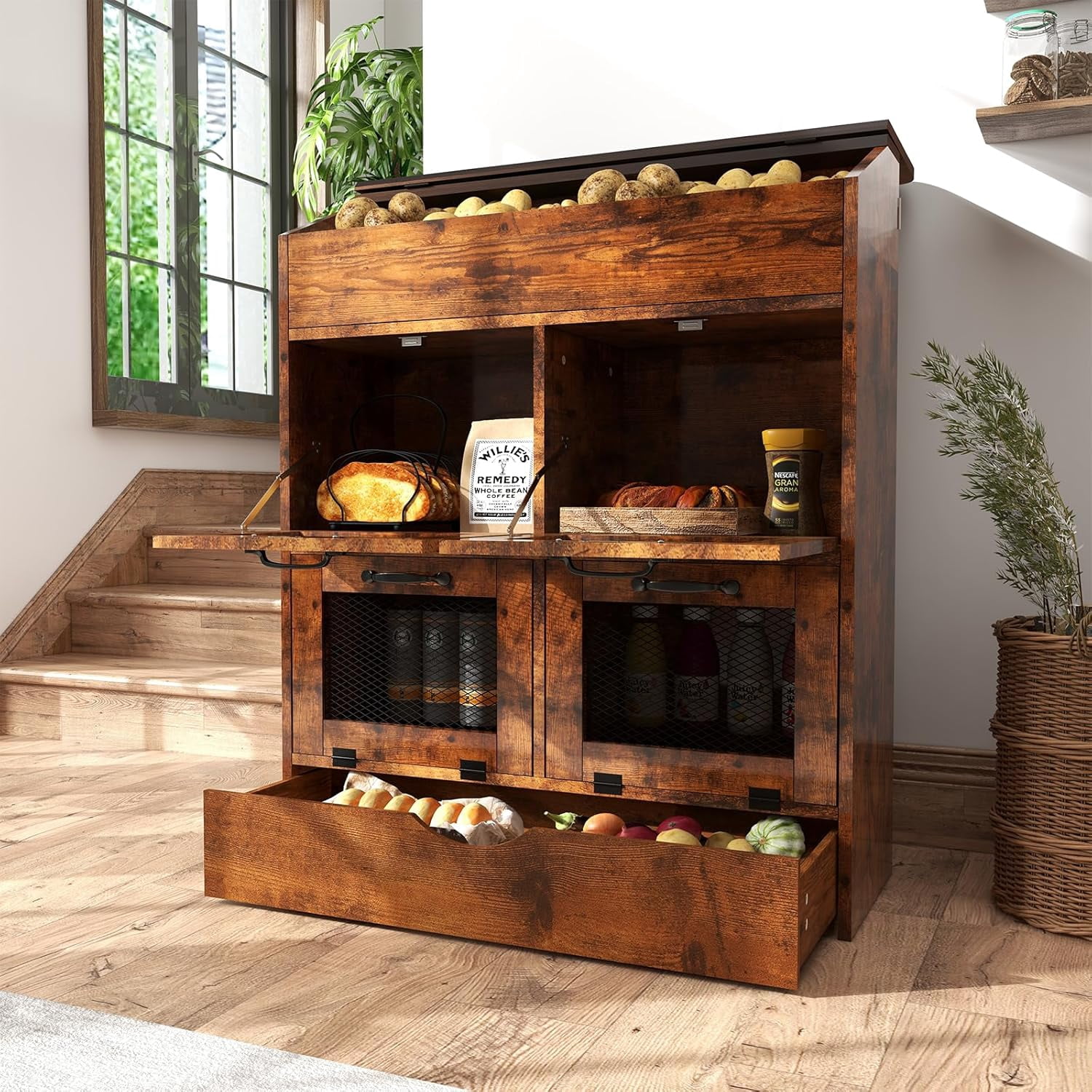 Verano Garden Large Potato Storage Bin, Wooden Bread Box with Lid ...