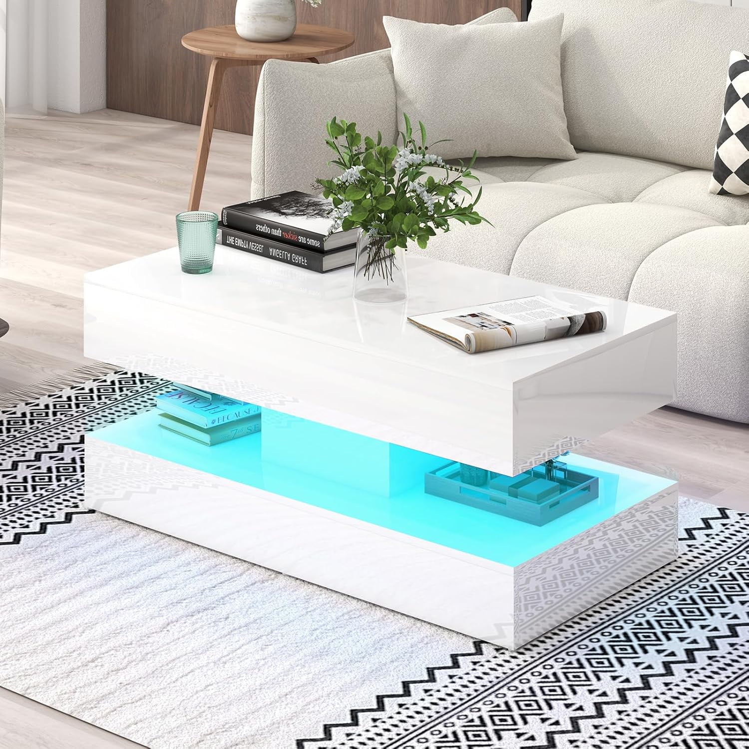 Verano Garden Modern High Gloss LED Coffee Table with Storage, 2-Tier Center Table with Open ...