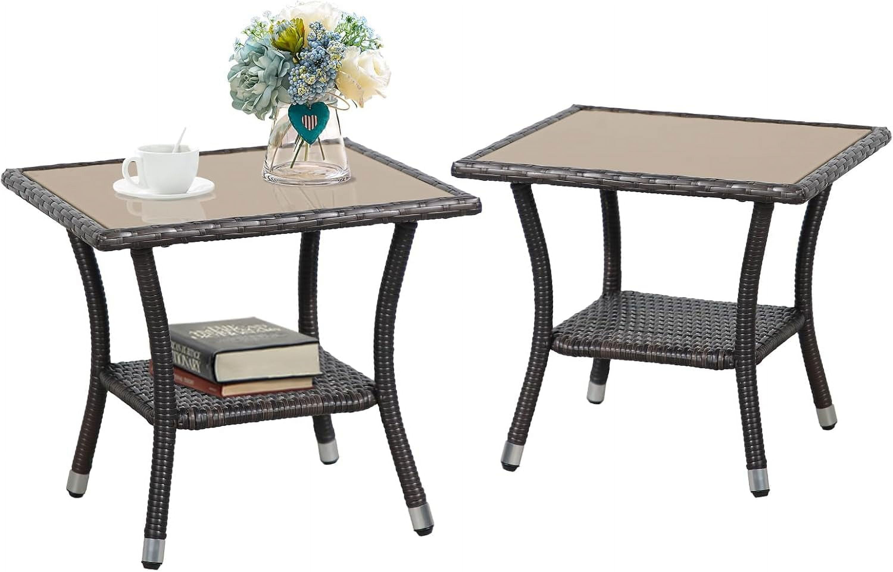 Verano Garden Outdoor Side Table Set of 2, 20" Square Wicker End Table, Tempered Glass Top ...