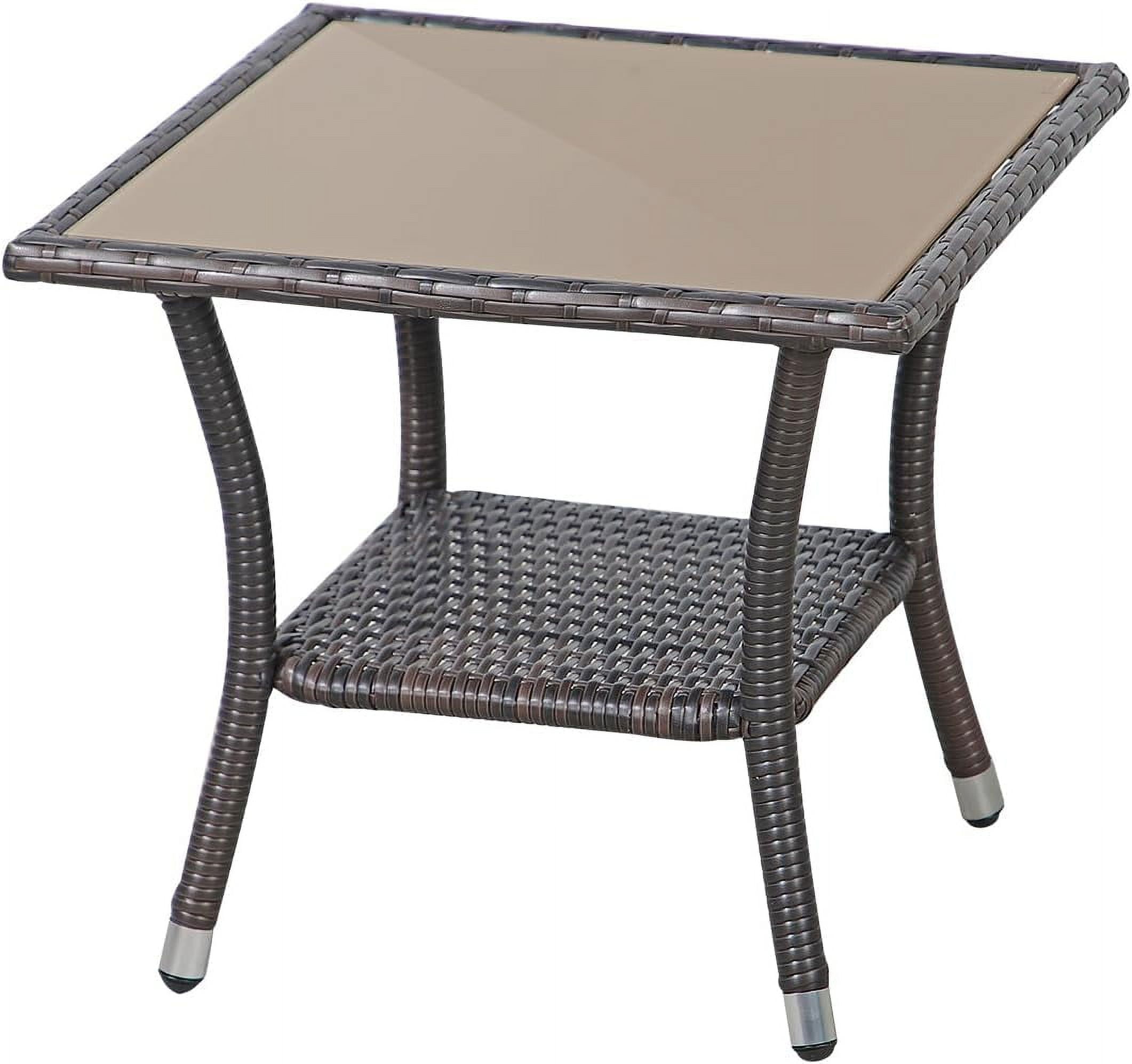 Verano Garden Outdoor Side Table, Square Wicker End Table, Tempered Glass Top Coffee Table with ...