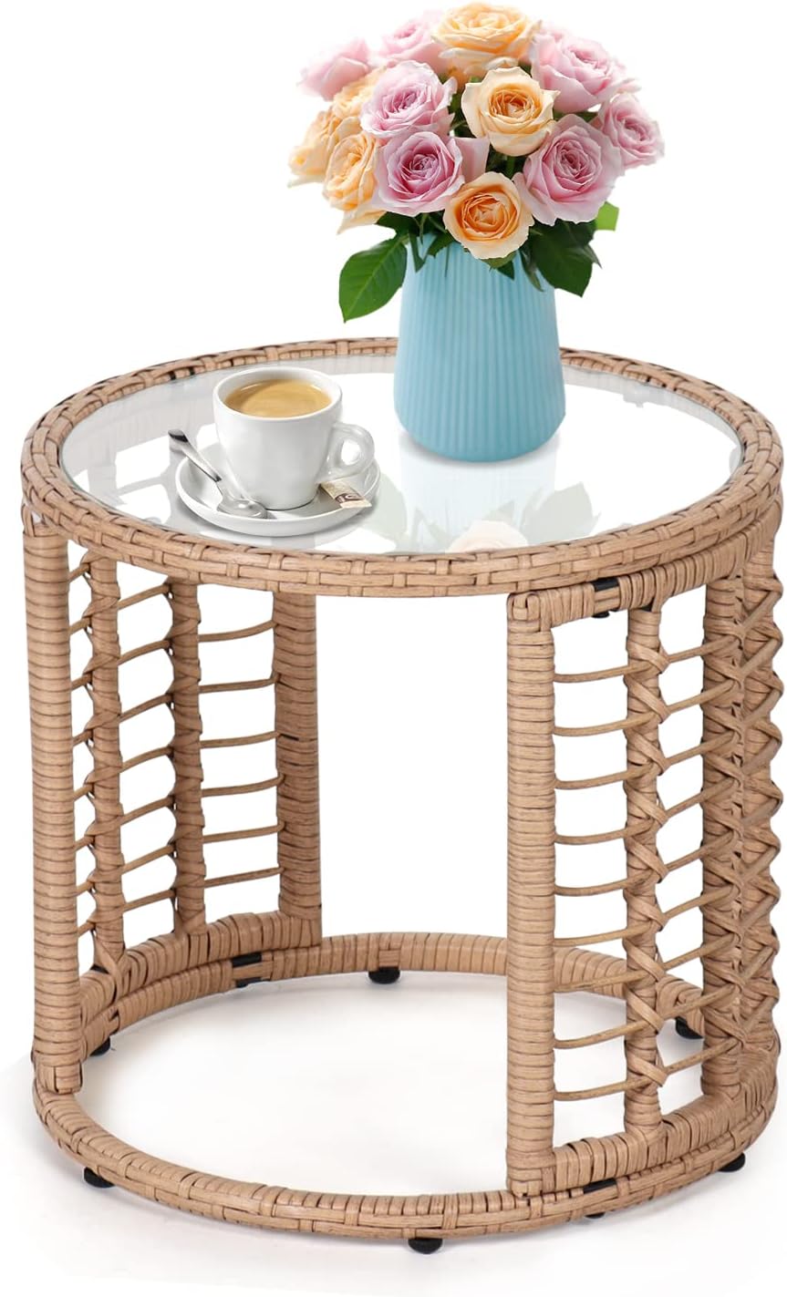Verano Garden Outdoor Wicker End Table, Round Tempered Glass Top Coffee Table with Storage for ...