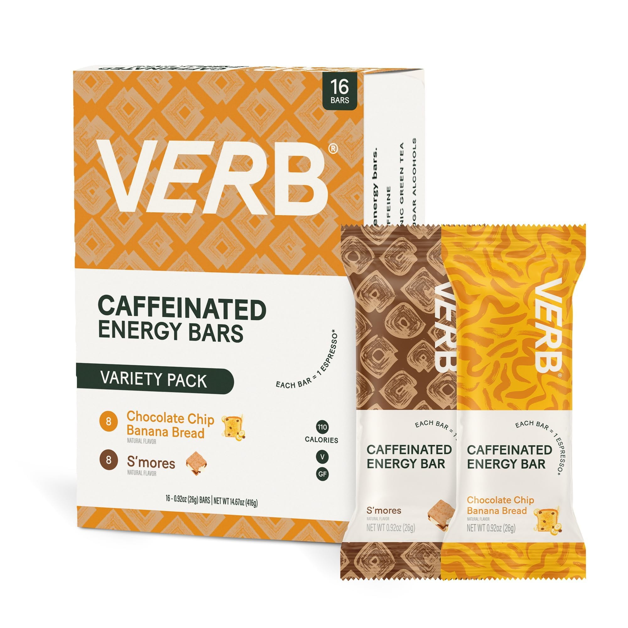 Verb Energy - Caffeinated BCA3 Energy Bars Variety Pack 110-Calorie Low ...