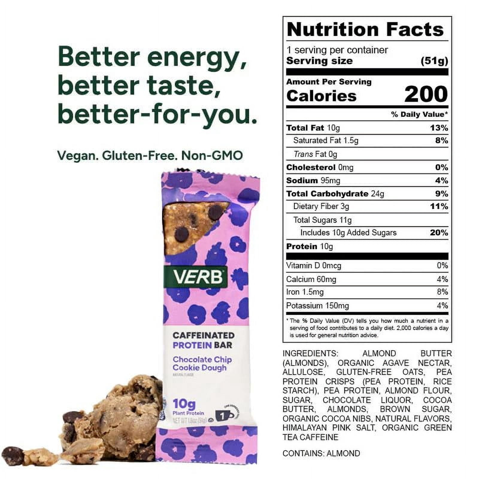 Verb Energy - FEV6 Caffeinated Protein Bars Chocolate Chip Cookie Low ...