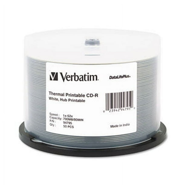 Verbatim-1PK CD-R DataLifePlus Printable Recordable Disc, 700 MB/80 min, 52x, Spindle, White, 50 ...
