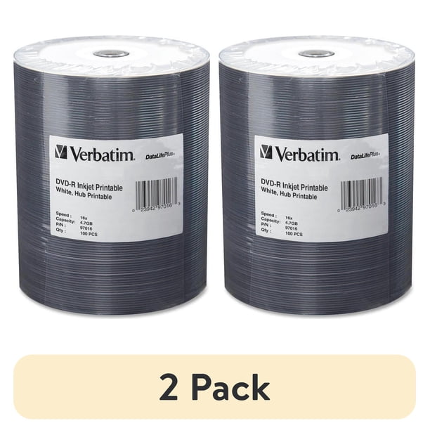 (2 pack) Verbatim 4.7GB 16X DVD-R Inkjet Printable 100 Packs Spindle ...