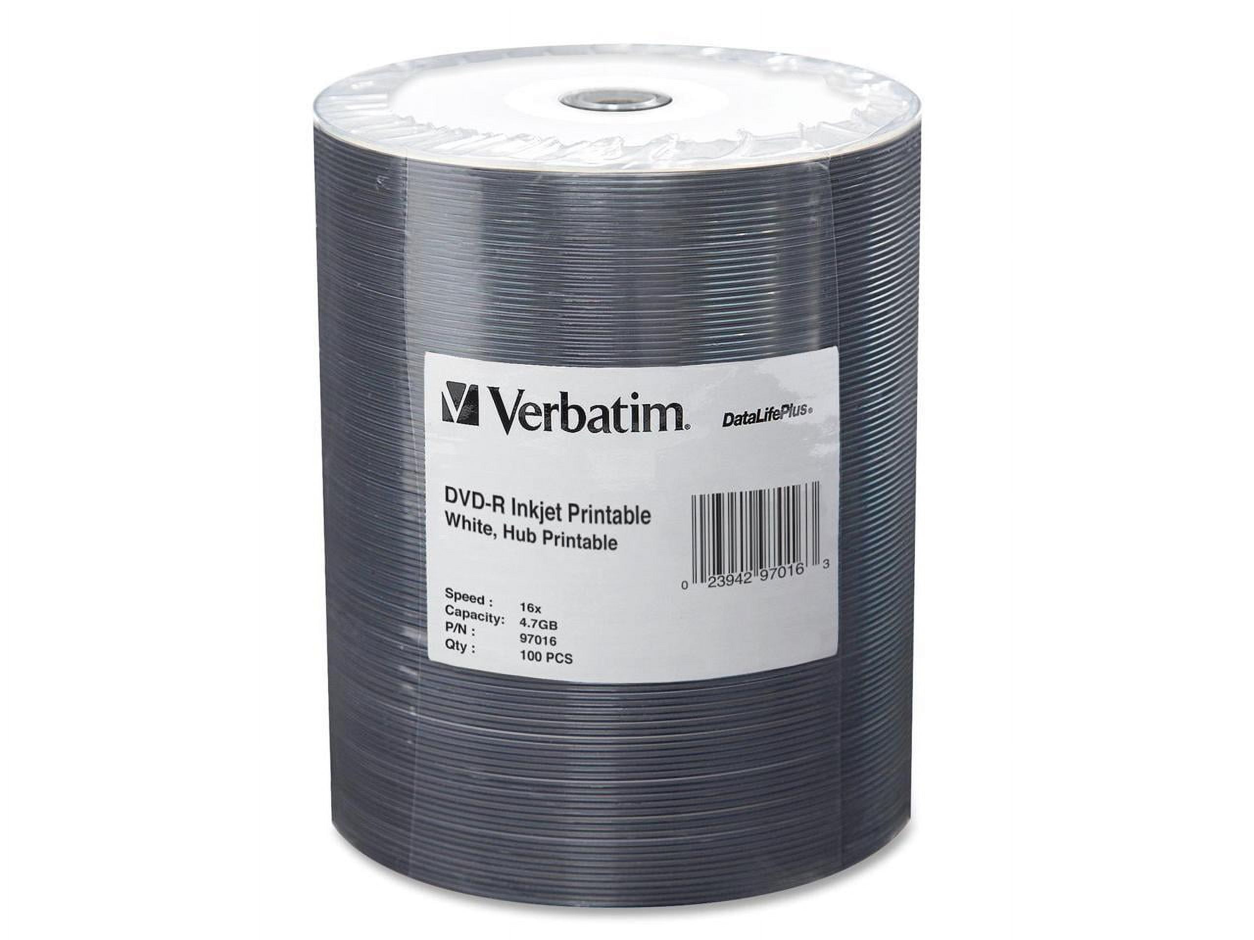 Verbatim DVD-R, 4.7 GB 16x DataLifePlus, White Inkjet Printable, Hub Printable, 100 Pack on ...