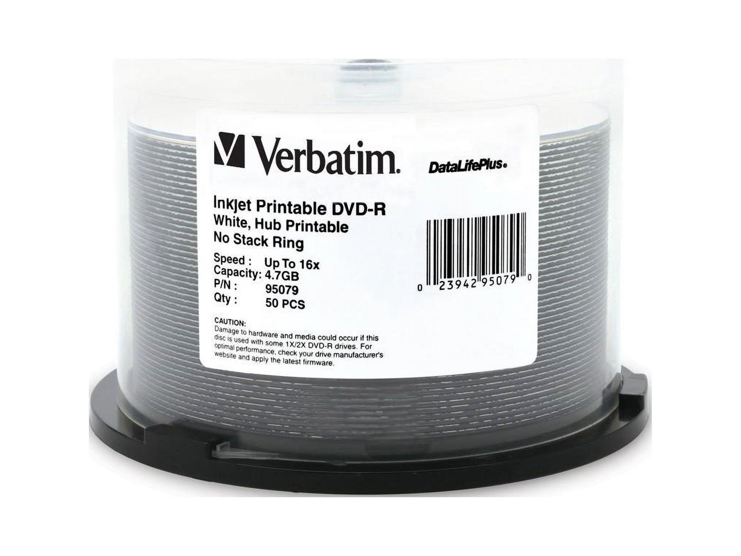 Verbatim DVD-R Discs 4.7GB 16X DataLifePlus White Inkjet Printable 50/PK Spindle 95079 - Walmart.com