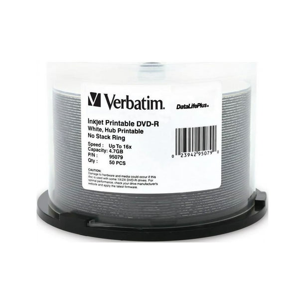Verbatim 4.7GB 16X DVD-R White Inkjet Printable, Hub Printable 50 Packs ...