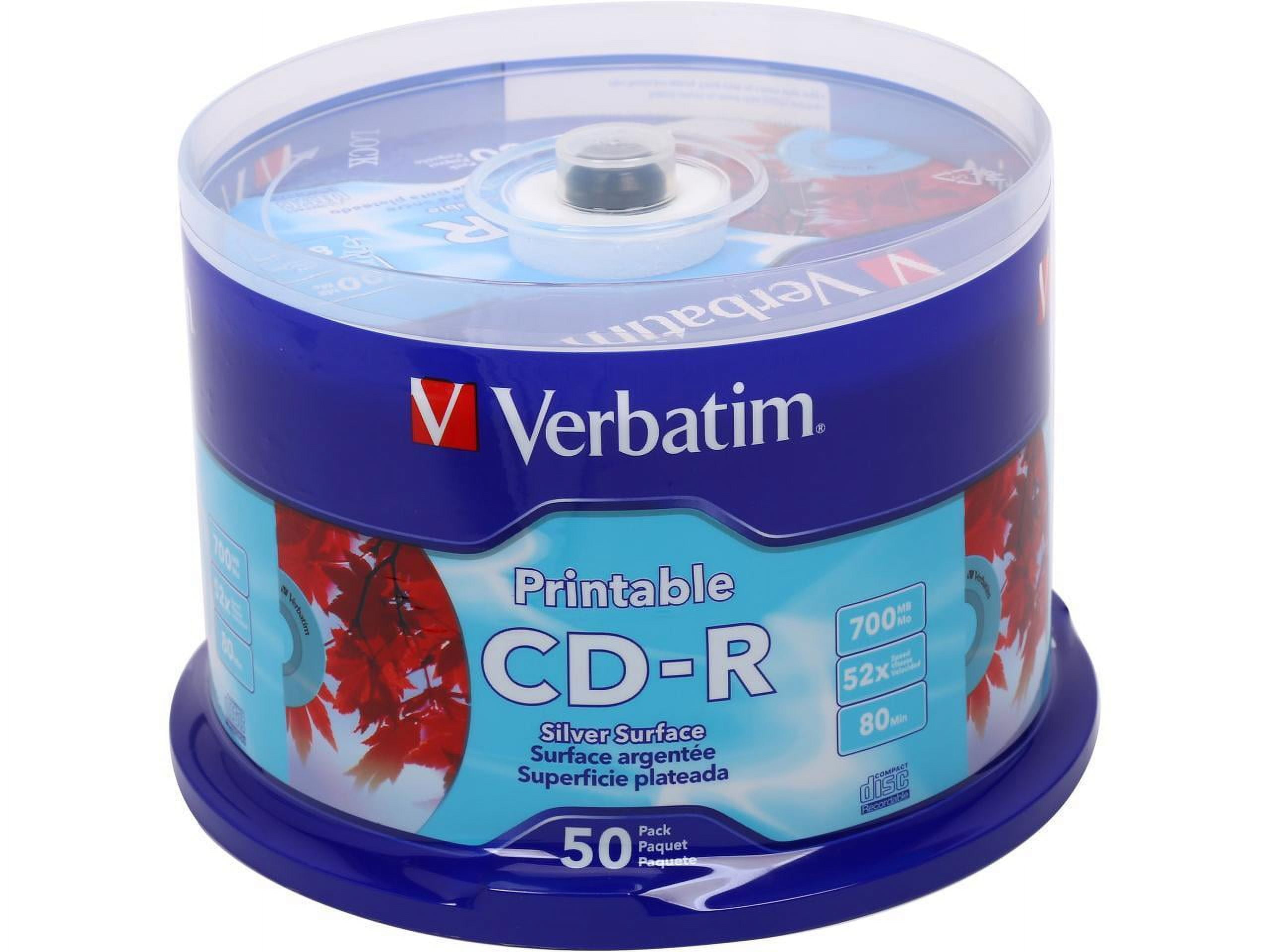 Verbatim CD-R 700MB 52X Silver Inkjet Printable - 50pk Spindle (95005 ...