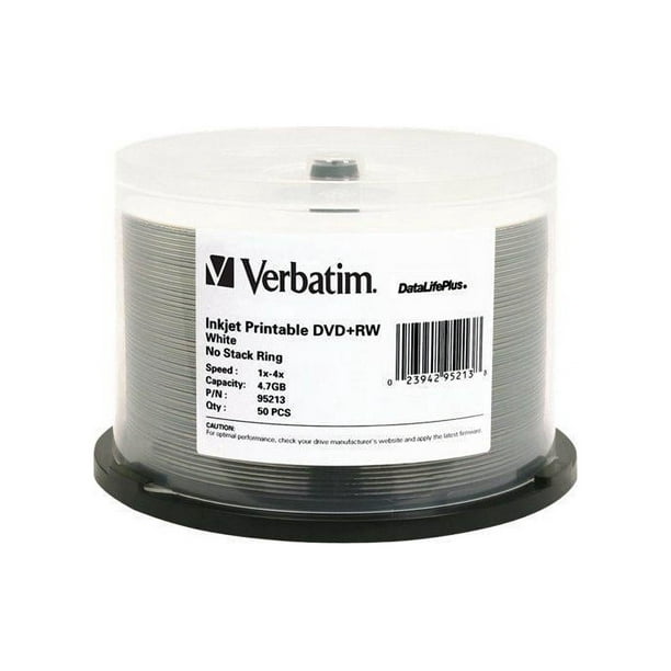 Verbatim 95213 Verbatim DVD+RW 4.7GB 4X DataLifePlus White Inkjet Printable - 50pk Spindle - 4 ...