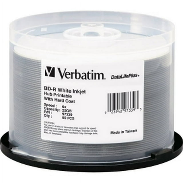 Verbatim BD-R 25GB 16X DataLifePlus White Inkjet Printable, Hub Printable - 50pk Spindle (97339 ...
