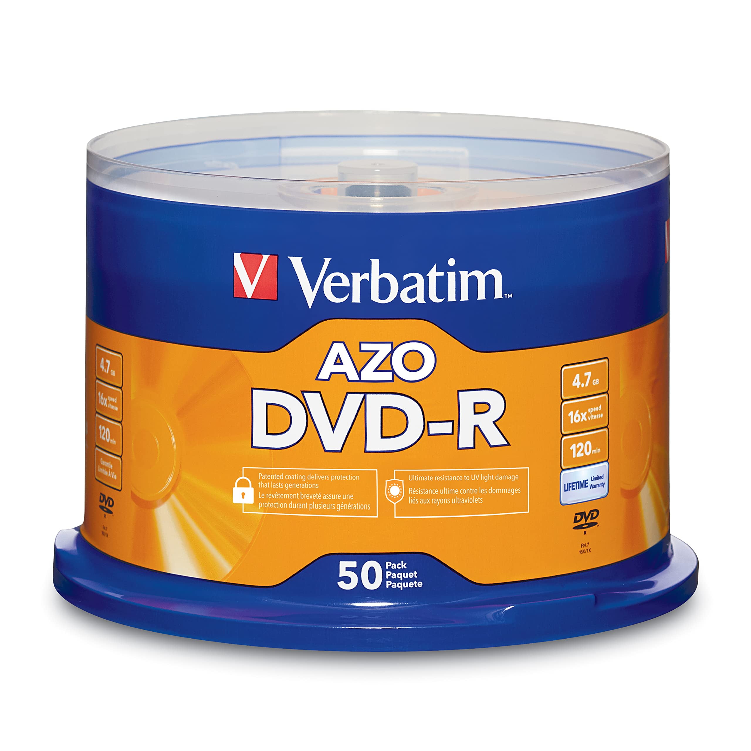 Verbatim DVD-R Blank Discs AZO Dye 4.7GB 16X Recordable Disc - 50 Pack ...