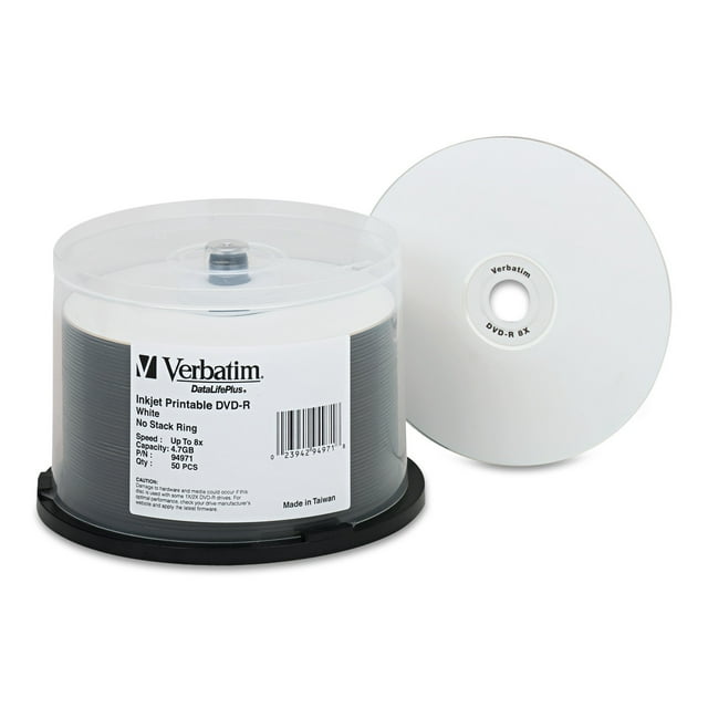 Verbatim DVD-R Discs 4.7GB 8X DataLifePlus White Inkjet Printable, 50/PK Spindle - Walmart.com