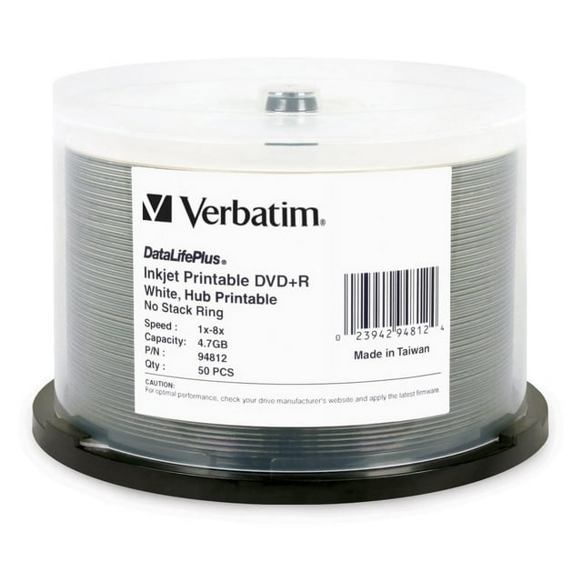 Verbatim DataLifePlus 4.7GB 8X DVD+R White Inkjet Printable, Hub Printable 50 Packs Cake Box ...