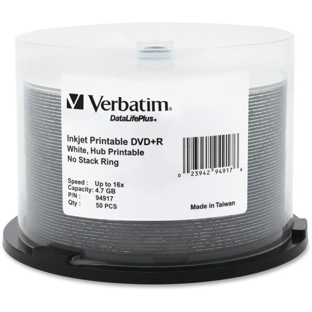 Verbatim Inkjet Printable DVD+R Discs 4.7 GB 16X Spindle White 50 Pack ...