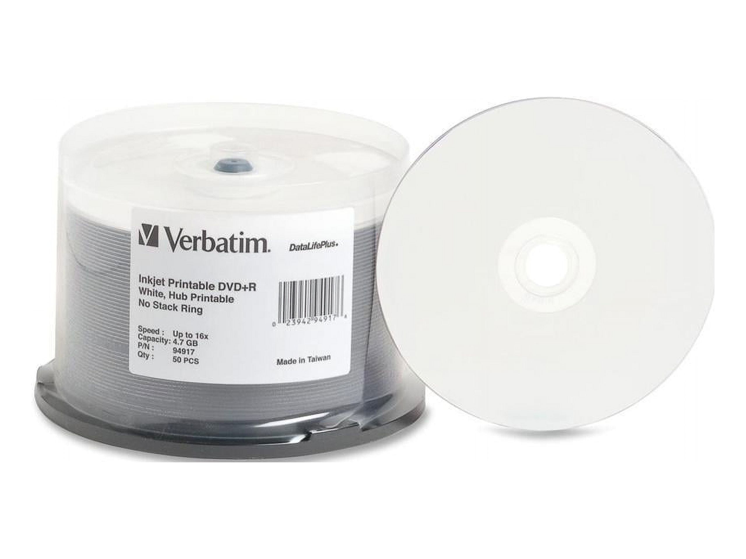 Verbatim Inkjet Printable DVD+R Discs 4.7GB 16x Spindle White 50/Pack 94917 - Walmart.com