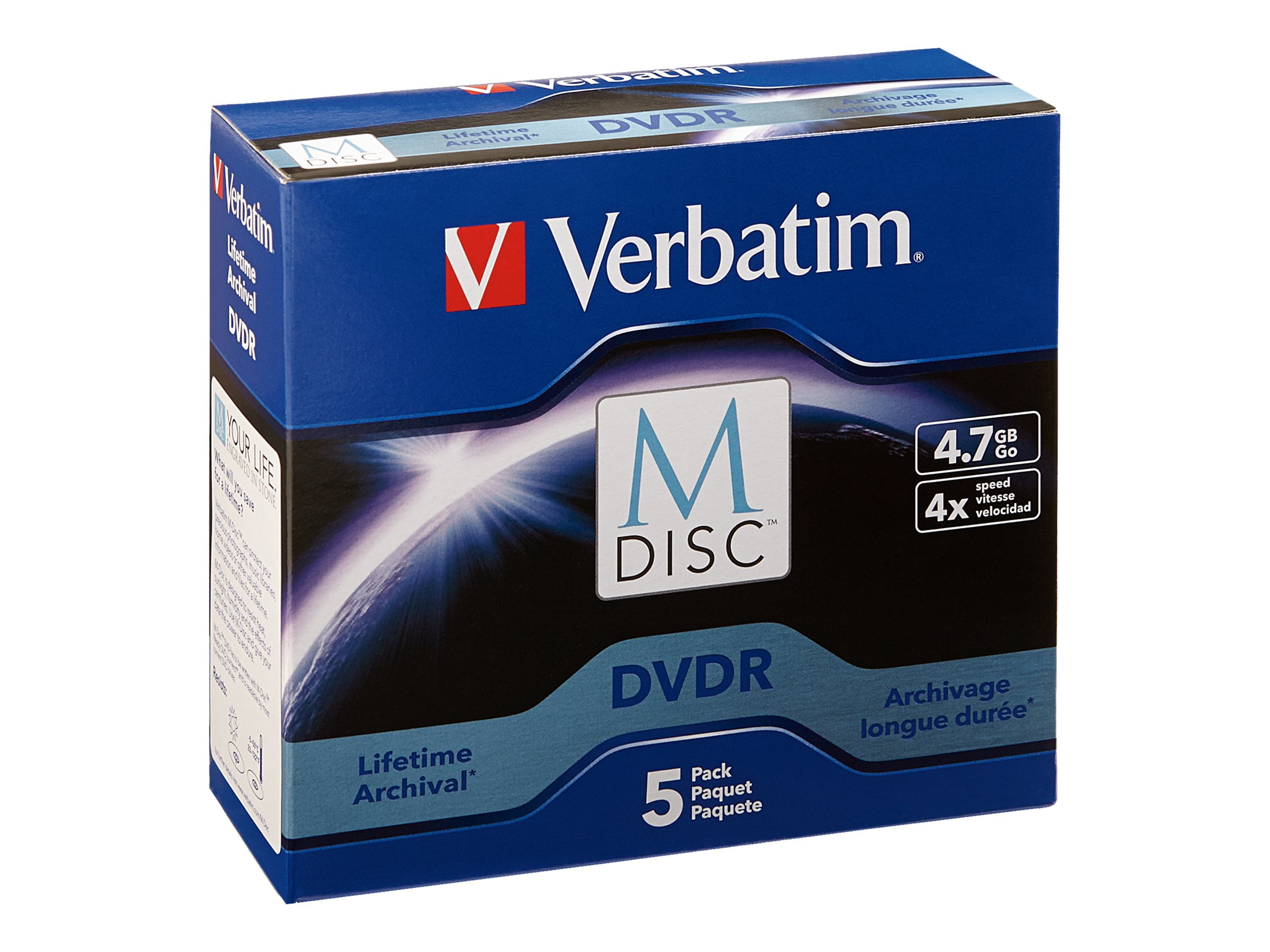 Verbatim M-Disc DVDR 4.7GB 4X with Branded Surface, 5pk Jewel Case Box ...