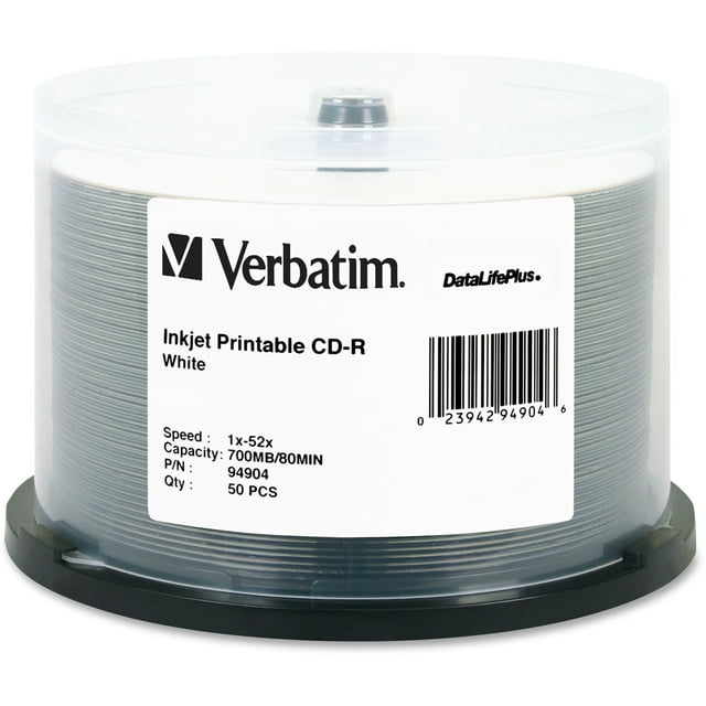 Verbatim, VER94904, 52X White Inkjet Printable CD-R Spindle, 50, White ...