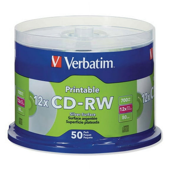 Verbatim-Verbatim CD-RW Discs, Printable, 700MB/80min, 12X, Spindle, Silver, 50/Pack (95159 ...
