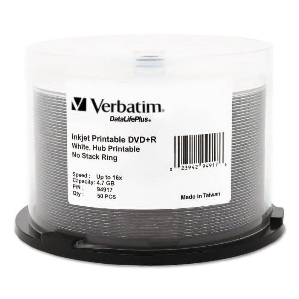 Verbatim-Verbatim Inkjet Printable DVD+R Discs, 4.7GB, 16x, Spindle, White, 50/Pack (94917 ...