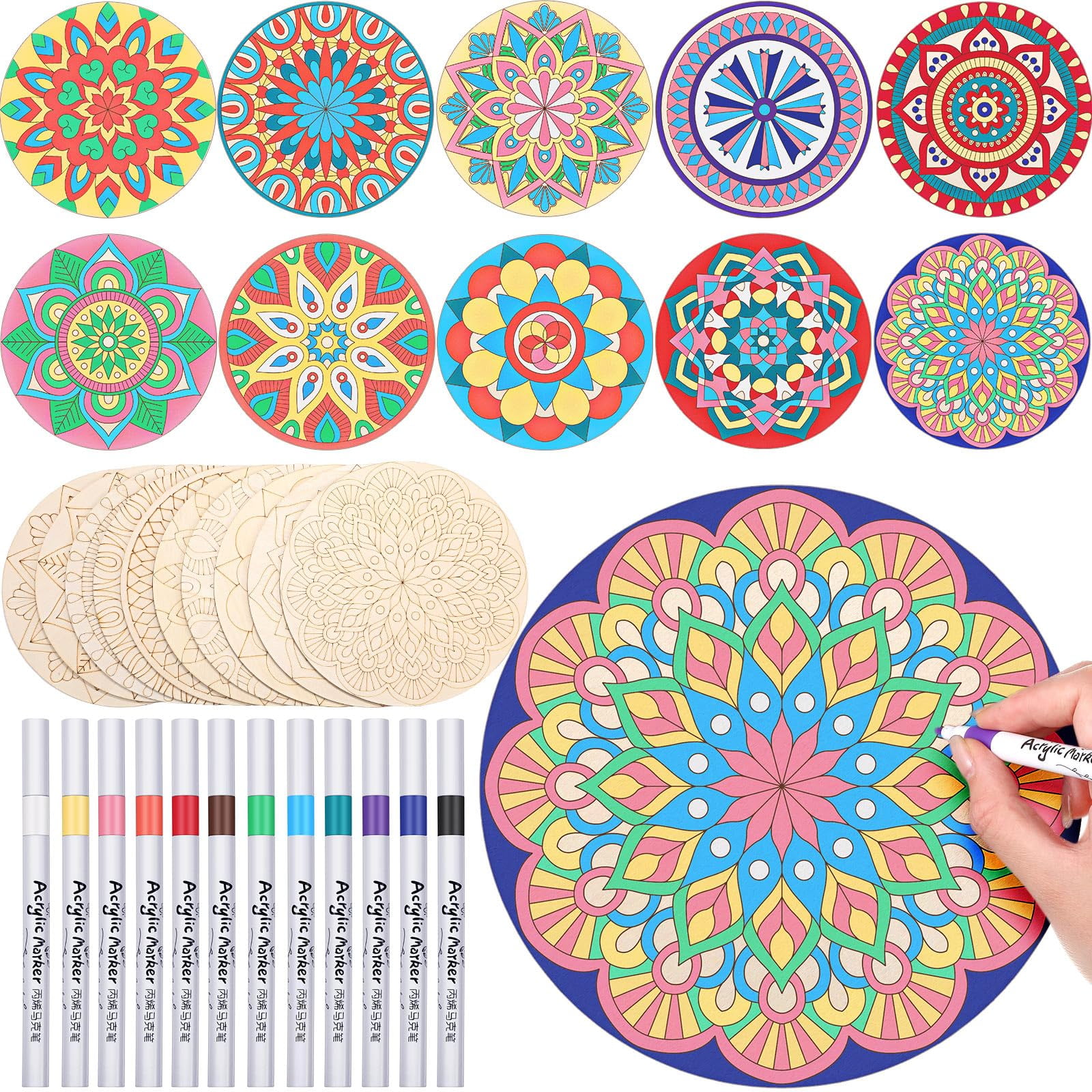 Vercraft 22 PcsTRDN Wooden Mandala Painting Set 10 Mandala Unfinished ...
