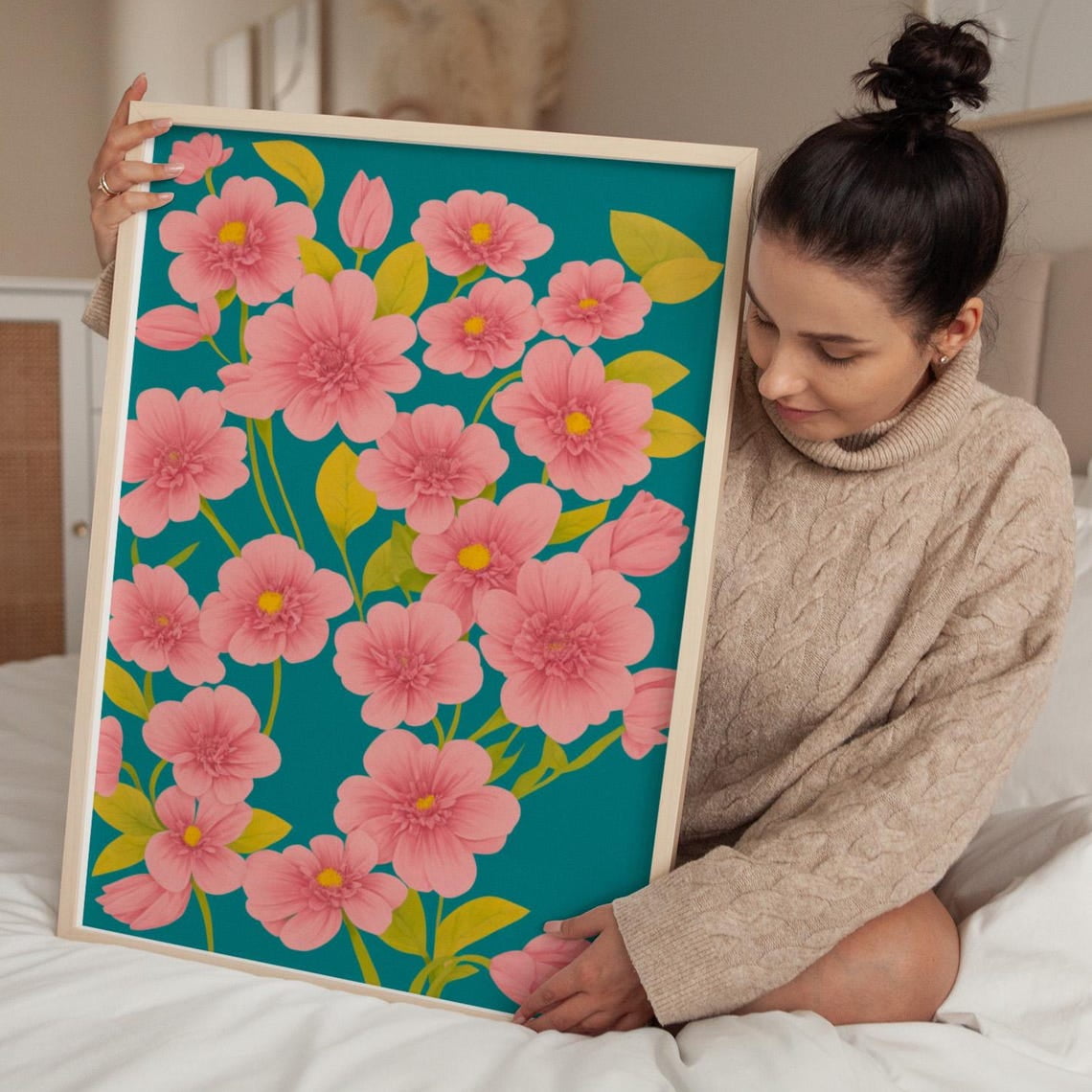 Verdant Echo Study Pink Floral Wall Art, Minimal Botanical Print, , Modern Flower Art, Teal ...