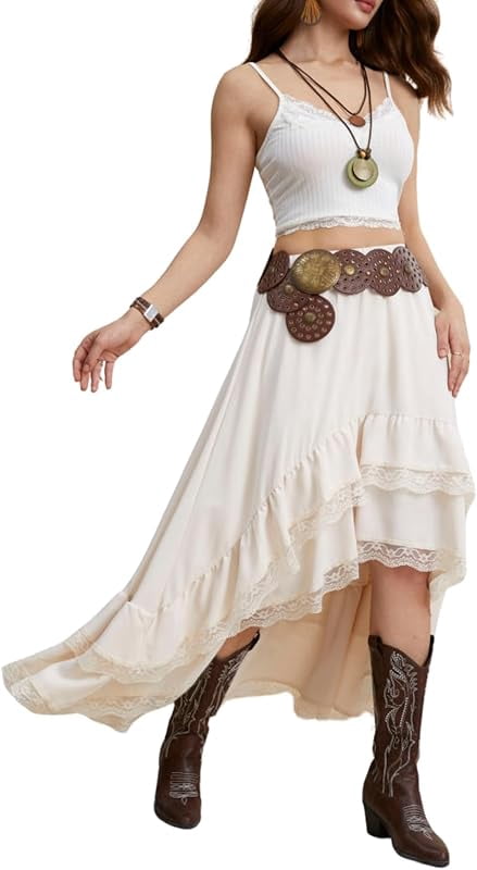 Verdusa Women's Western Boho Lace Ruffle Skirt Asymmetrical Country ...