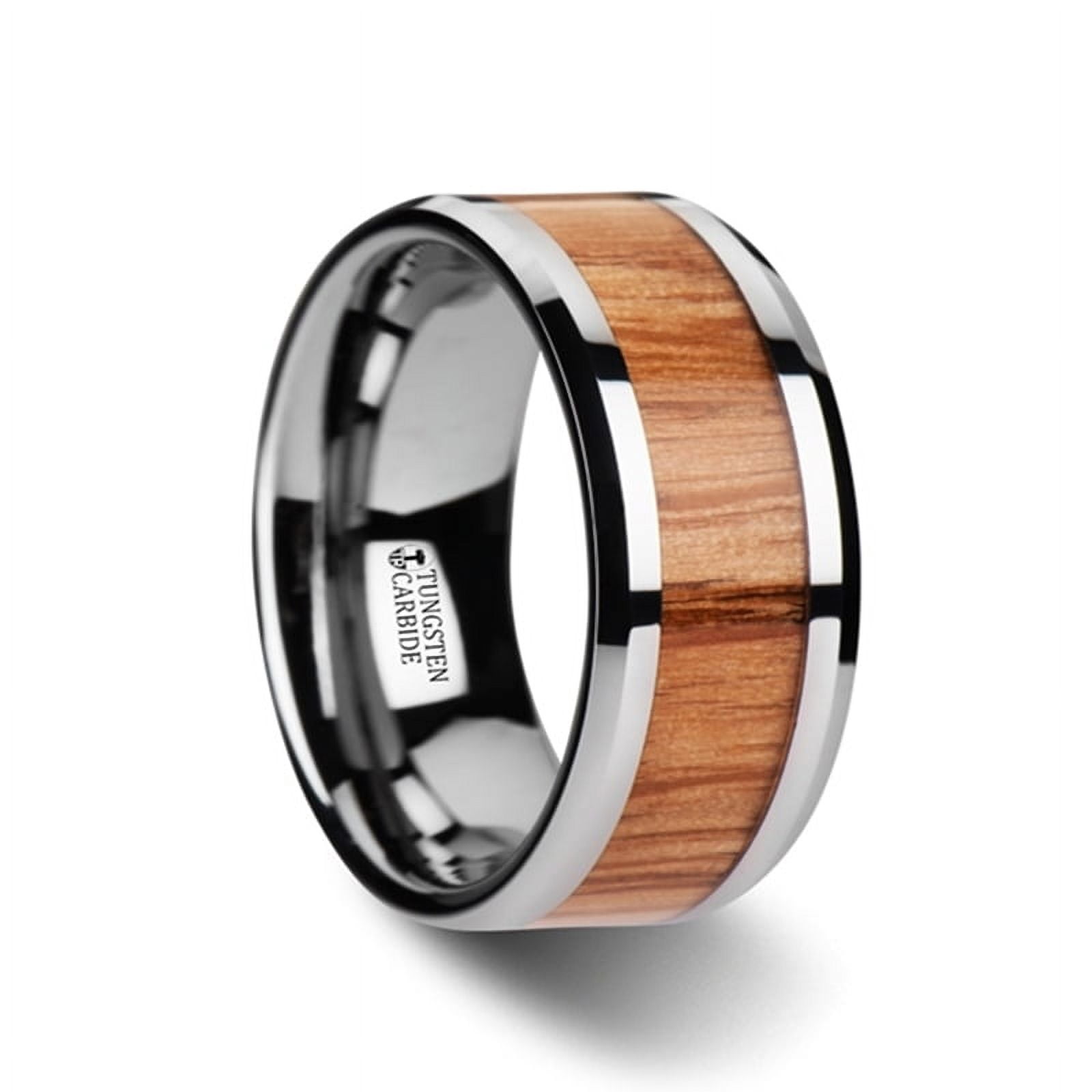 Vermillion Red Oak Wood Inlaid Tungsten Carbide Ring With Bevels 10mm ...