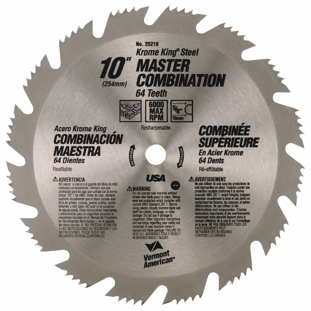 Vermont American 25216 10" 64T Krome King Master Combination Circular ...